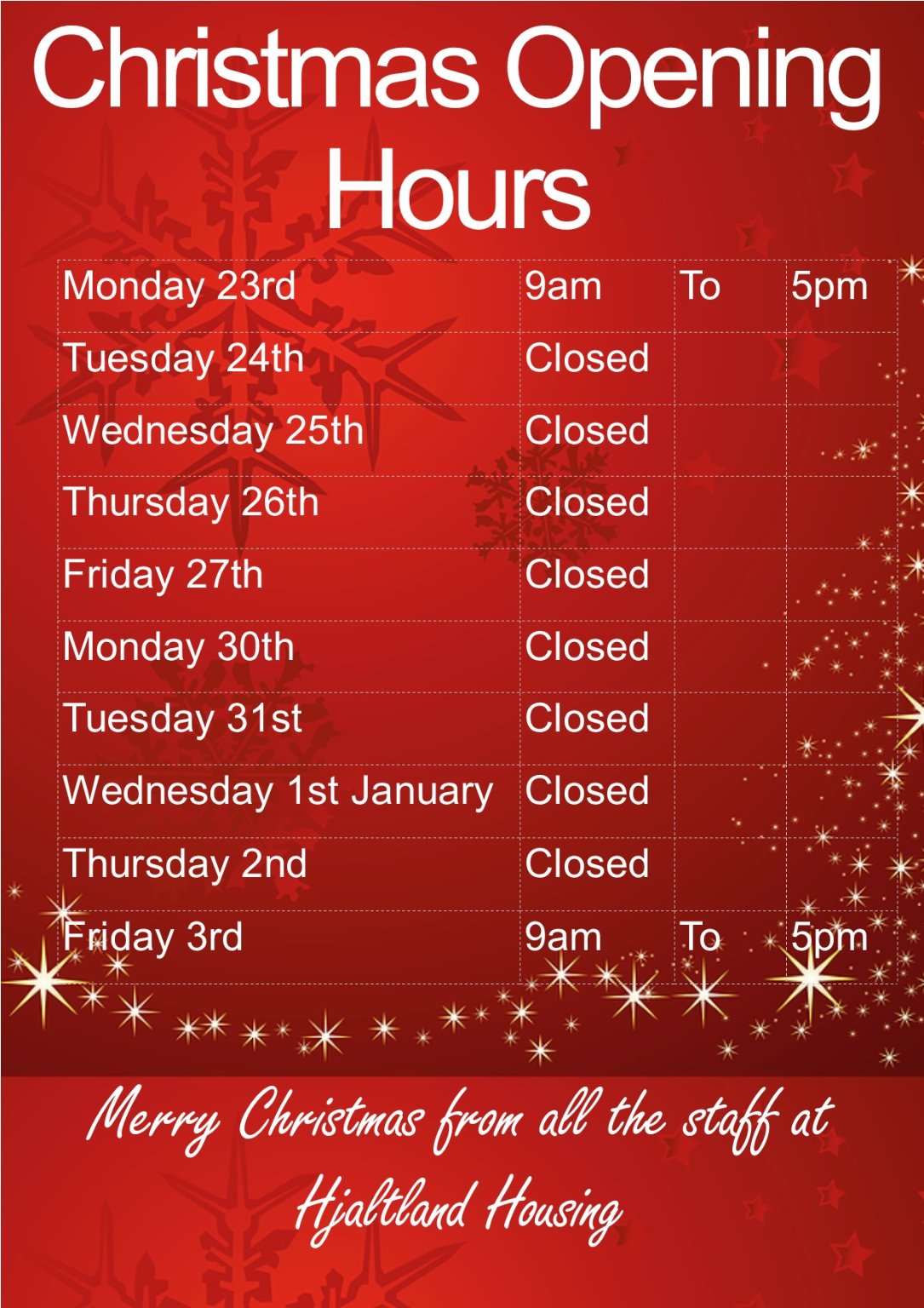 Festive Opening Hours 2024 | Hjaltland Housing Association